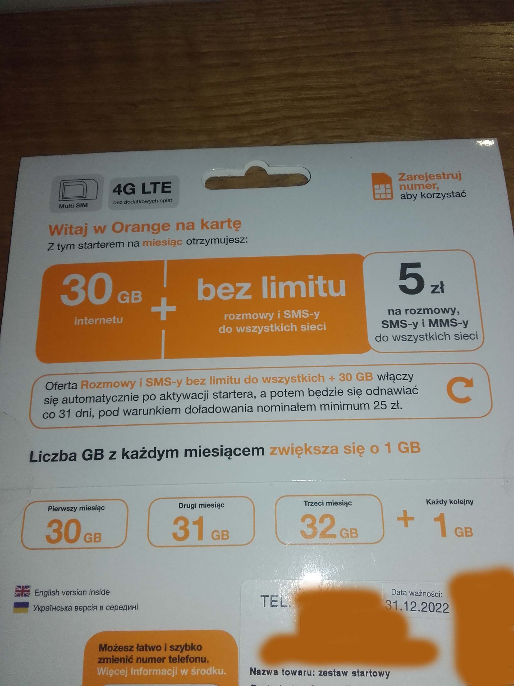 Starter 30zł Rozmowy i SMS-y bez limitu do wszystkich + 15 GB - Nasz Orange - 165373