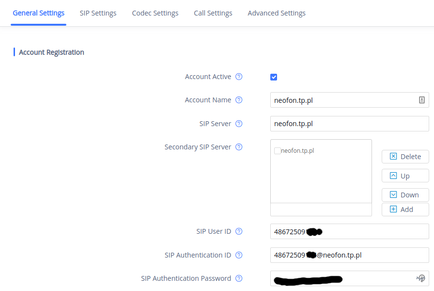 Telefon SIP jako "Telefon stacjonarny (VoIP)"