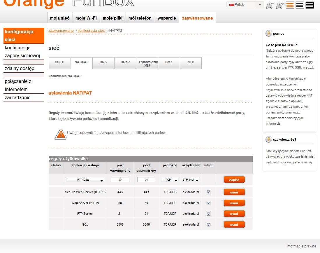 Przekierowanie portów - funbox 2.0 - Nasz Orange - 336396
